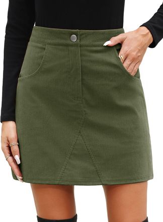 Heekpek Damen Cordrock Minirock Hohe Taille Rock Damen Herbst Winter Mini Skirt Wickelrock A-Linie Business Rock Kurz mit Taschen, Gr&uuml;n, XXL