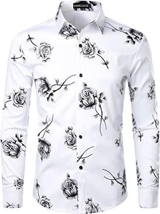 PARKLEES Chemises habill&eacute;es &agrave; manches longues pour homme avec imprim&eacute; or et rose, coupe slim/Chemises de bal et de performance, L