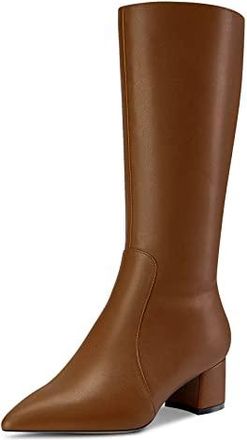 Castamere Femmes Bloc Chunky Mi Talon Heel Pointu Bout Mi Mollet Fermeture à Glissière Bottes Mariage Cute 5 CM Heels Marron 38 EU