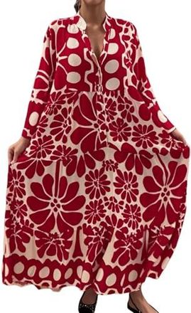 Generic Robe boh&egrave;me 2026 pour femme, robe boutonn&eacute;e &agrave; col en V avec manches longues &eacute;vas&eacute;es, style d&eacute;contract&eacute;, parfait pour toutes les saisons, Rouge, XXL