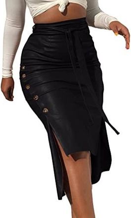 ORANDESIGNE Jupe Mi-Longue en PU Cuir Taille Haute avec Ceinture Fendue Devant Chic Sexy et Élégant Midi Vintage Crayon A Noir XL