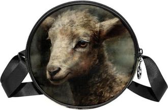 Generic Sac &agrave; bandouli&egrave;re rond pour femme, motif mouton vintage, petit sac &agrave; bandouli&egrave;re avec fermeture &eacute;clair, bretelles r&eacute;glables, sac &agrave; main rond d&eacute;contrac