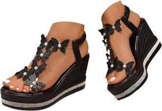 Generic Sandales d&eacute;t&eacute; confortables pour femme avec sangle &eacute;lastique et strass - Bout ouvert - Sandales plates d&eacute;contract&eacute;es &agrave; bout ouvert - Sandales compens&eacute;e