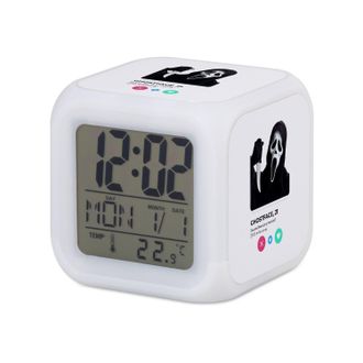 Fabulous Ghostface Wecker W&uuml;rfel beleuchtet Wei&szlig; - Film Horrorfilm Social Network Treffen Liebe - 7,8 x 7,8 x 7,8 cm - Retro Beleuchtung Mehrfarbig LED