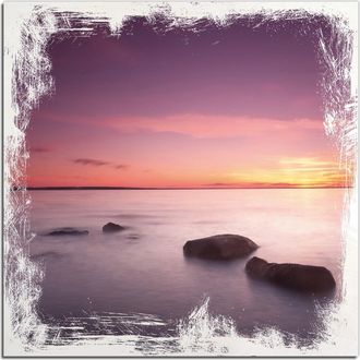 Wallario Wandbild aus Holz Nebel am See bei Sonnenuntergang - 40 x 40 cm in Premium-Qualität: Brillante Farben