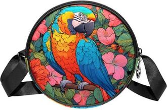Generic Petit sac &agrave; bandouli&egrave;re rond pour femme, motif perroquet avec fermeture &eacute;clair, bretelles r&eacute;glables, sac &agrave; main rond d&eacute;contract&eacute; pour femmes et filles