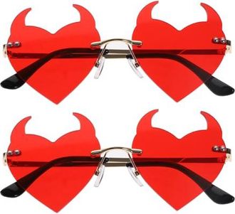 Supvox Lot de 2 lunettes de soleil sans monture en forme de cornes de diable et de coeur. Lunettes amusantes pour carnaval, style punk rock, id&eacute;ales pour les