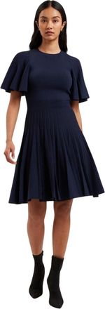 Ted Baker Kleid mit ausgestelltem Rock f&uuml;r Damen, Rundhalsausschnitt, Jerseyware, Flatter-&Auml;rmel (Marine)