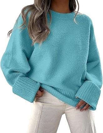 Generic Pull &eacute;pais pour Femme, Automne-Hiver, uni, d&eacute;contract&eacute;, surdimensionn&eacute;, col Rond, Manches Longues, Chaud, Duveteux, tricot&eacute;