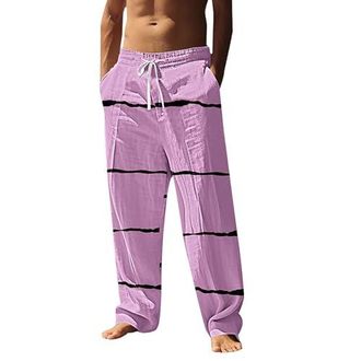 Generic Pantalon dentra&icirc;nement en coton et lin pour homme - Style d&eacute;contract&eacute; - Imprim&eacute; ray&eacute; 3D - Pantalon classique, violet, 3XL