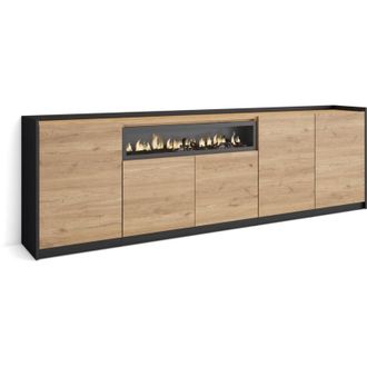 Skraut Home Skraut Home - Sideboard, Highboard, Kommode, 260x37x80cm, 5 T&uuml;ren, Elektrokamin., Eiche Schwarz