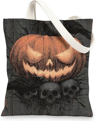 Generic Sacs fourre-tout en toile dHalloween, motif citrouille effrayante et crâne, sacs dépicerie réutilisables, art sombre vintage, léger, lavable Ca, noir,