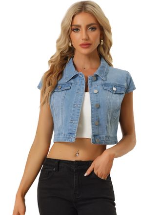 Allegra K Damen kurze Jeansjacke Jacke Kurzarm Sommer Kn&ouml;pfen Stretch Denim Crop Westen Weste Hell Blau XL