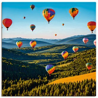 Artland Wanddeko Leinwand Bilder Wandbild 50x50 cm Landschaften Idyll Berge Wald Ballons Hei&szlig;luftballon KI Kunst U4YK
