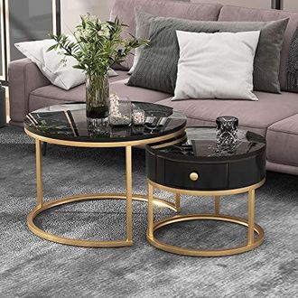 Merax Lot de 2 Tables Basses Rondes, Modernes, avec Motif marbre Brillant, pour Salon, Table dappoint avec tiroir pour Salle de r&eacute;ception, Balcon et Bureau,