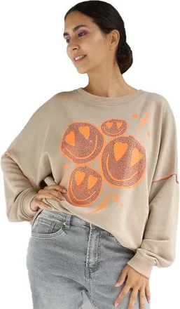 Miss Goodlife Sweatshirt Roundneck Flashy Heartface Strass MG12934 - sand