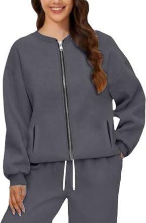 Generic Sweat-shirt zippé pour femme sans capuche - Sweat-shirt à col rond court - Vestes légères à capuche amples avec poches - Veste à manches longues pour 