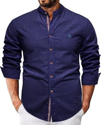 Generic Chemise en coton et lin pour homme - Manches longues - Couleur unie - Coupe r&eacute;guli&egrave;re - Col de grand-p&egrave;re - Chemise boutonn&eacute;e - Chemise d&eacute;contract&eacute;e l