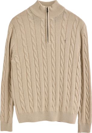 Polo Club Strickpullover beige mit Zopfmuster aus Wollgemisch mit halbem Rei&szlig;verschluss und gesticktem Rigby Go-Logo