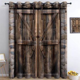 Generic Blickdichte Gardinen Shabby Chic Holzt&uuml;r Muster, Verdunkelungsvorh&auml;nge Mit &Ouml;sen Braun f&uuml;r Schlafzimmer Wohnzimmer, Thermo vorh&auml;nge H 210 x B 110 cm (2