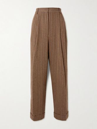 Dries Van Noten Pantalon Large En Lin Mélangé À Rayures Et À Plis - Marron