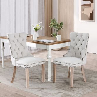 Generic Esszimmerstuhl-Set Aus Leder - Stühle Mit Hoher Rückenlehne, Knopfheftung Und Beinen Aus Massivholz(Linen-beige,2)