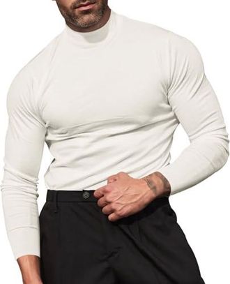 Generic T-shirt homme et hiver allemand velours couleur unie t-shirt &agrave; manches longues base moulant demi-col hommes, Blanc., 3XL