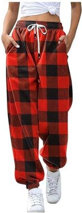 Generic Pantalon de Noël à carreaux pour femme, pantalon de détente à carreaux pour femme, pantalon de loisirs, coupe ample, léger, taille élastique, cordon d