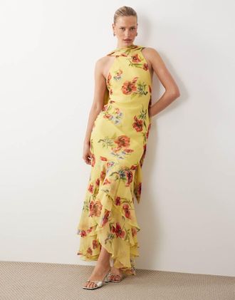 Asos Neckholder-Maxikleid in Gelb mit Schaldetail, R&uuml;schensaum und rosa Blumenmuster-Mehrfarbig