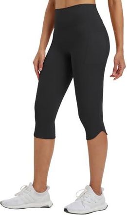 Baleaf Legging capri pour femme de 43,2 cm avec poches, longueur genou, taille haute, extensible, pour lété, le yoga, lentraînement, lexercice, Noir, L