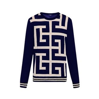 Balmain Marineblauer und Wei&szlig;er Monogramm Jacquard Wollpullover - - Sweatshirts & Hoodies - Damen - Mehrfarbig - L