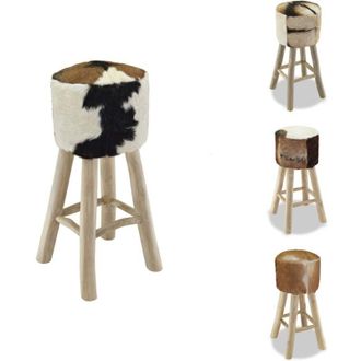 vidaXL Barhocker Echtleder und Teak Massivholz - Fellhocker - Barhocker - Wohnzimmer Deko - Vintage Stuhl - Holztisch