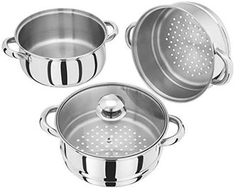 Judge Essentials - Cuit-vapeur en inox HX03-3 niveaux dont 1 fait-tout - couvercle en verre avec trou vapeur - compatible induction/four - garantie 25 ans -