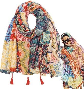 Generic Grande &eacute;charpe boh&egrave;me pour femme - Tissu &agrave; franges en coton l&eacute;ger, accessoire &eacute;l&eacute;gant pour lautomne et lhiver, doux et confortable, d&eacute;claration de mod