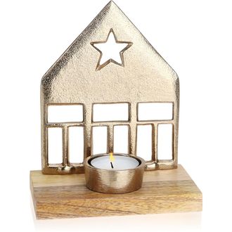 Com-Four Teelichthalter aus Aluminium und Mangoholz - weihnachtliches Windlicht - Lichthaus Kerzenhalter - Weihnachtsdeko in Hausform für Teelicht