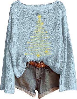 Generic Pull de Noël pour femme avec motif darbre de Noël et col rond - Pull tricoté décontracté à manches longues, bleu clair, XL