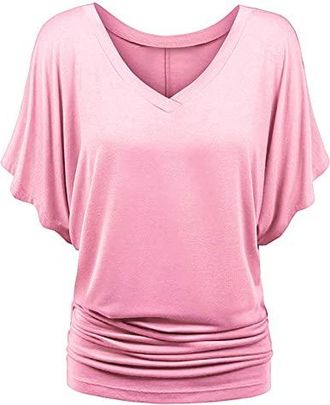 Generic T-shirt &agrave; manches courtes et col en V pour femme, coupe ample, confortable, doux, l&eacute;ger et respirant pour un usage quotidien, rose, 5XL