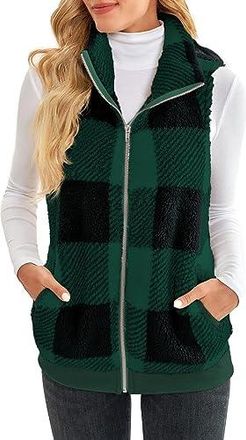 Generic 2026 Gilet polaire &agrave; carreaux pour femme, zipp&eacute; Gilet matelass&eacute; chaud &agrave; col montant, coupe longue et ample, id&eacute;al pour lhiver et les loisirs