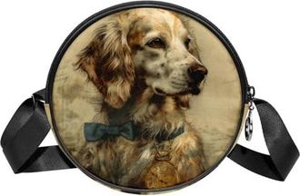 Generic Sac &agrave; bandouli&egrave;re rond pour femme, motif chien vintage, petit sac &agrave; bandouli&egrave;re avec fermeture &eacute;clair, bretelles r&eacute;glables, sac &agrave; main rond d&eacute;contract