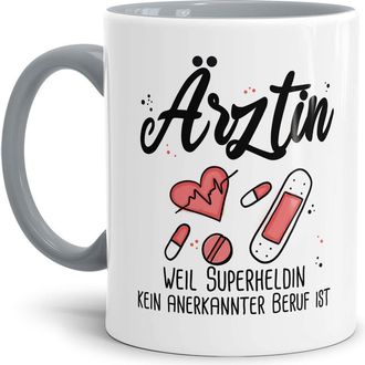 Tassendruck Berufe-Tasse Superheldin Ärztin - Kaffee-Tasse mit Spruch/Arbeit/Job/Lustig/Geschenk-Idee - Innen & Henkel Grau