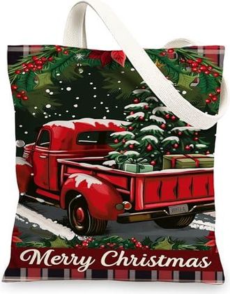 Generic Sac fourre-tout vintage en toile motif de camion festif, sac de courses réutilisable, sacs en toile légers et lavables pour Noël, Rouge, 13x15 Inch