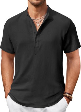 Coofandy Herren Kurzarm Henley Shirt Leichtes Sommerhemd mit Henley-Kragen Freizeithemd f&uuml;r Herren Kurzarmhemd Regular Fit Knopfleiste Shirt Schwarz XL