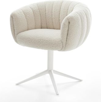 DELIFE Drehstuhl Jada-Flex Teddystoff Beige Fu&szlig;kreuz Wei&szlig; 360&deg; drehbar Wippfunktion Taschenfederkern, Esszimmerst&uuml;hle