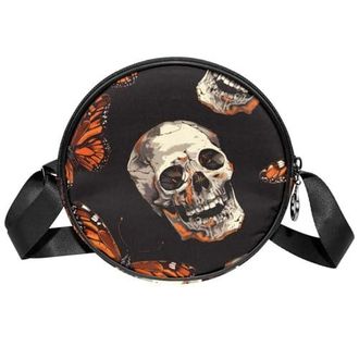 Generic Petit sac &agrave; bandouli&egrave;re rond pour femme, motif t&ecirc;te de mort, avec fermeture &eacute;clair, bretelles r&eacute;glables, style d&eacute;contract&eacute;, pour femmes et filles
