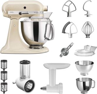KitchenAid Artisan Küchenmaschine Starter Paket 5KSM175PSEAC inkl. Gemüseschneider Fleischwolf und vielem Zubehör (Creme)