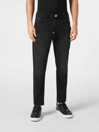 Philipp Plein Jean slim Detroit en denim de coton &agrave; taille mi-haute