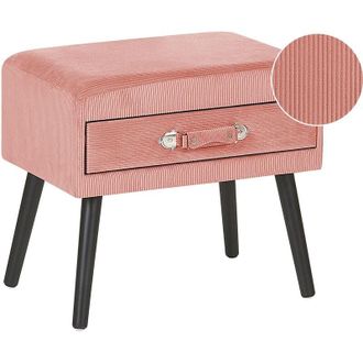 Beliani Beliani - Table de Chevet Tabouret en Velours C&ocirc;tel&eacute; Rose avec Pieds Obliques en Bois et Tiroir Pratique Design Tendance pour Chambre R&eacute;tro et Vintage