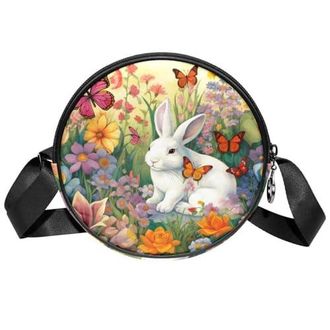 Generic Petit sac &agrave; bandouli&egrave;re circulaire pour femme, motif floral, lapin, sac &agrave; dos &agrave; bandouli&egrave;re avec fermeture &eacute;clair, bretelles r&eacute;glables, sac &agrave; main ron