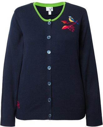 Ulla Popken Strickjacke Strickjacke Vogel-Stickerei Rundhals Langarm
