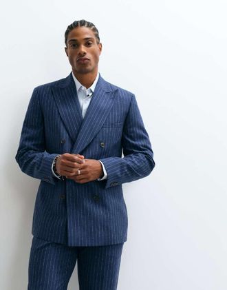 Asos blazer slim crois&eacute; &agrave; rayures fines bleu marine en lin